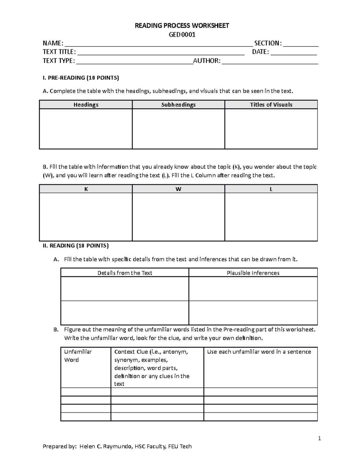 Reading Process Worksheet - READING PROCESS WORKSHEET GED NAME: - Studocu