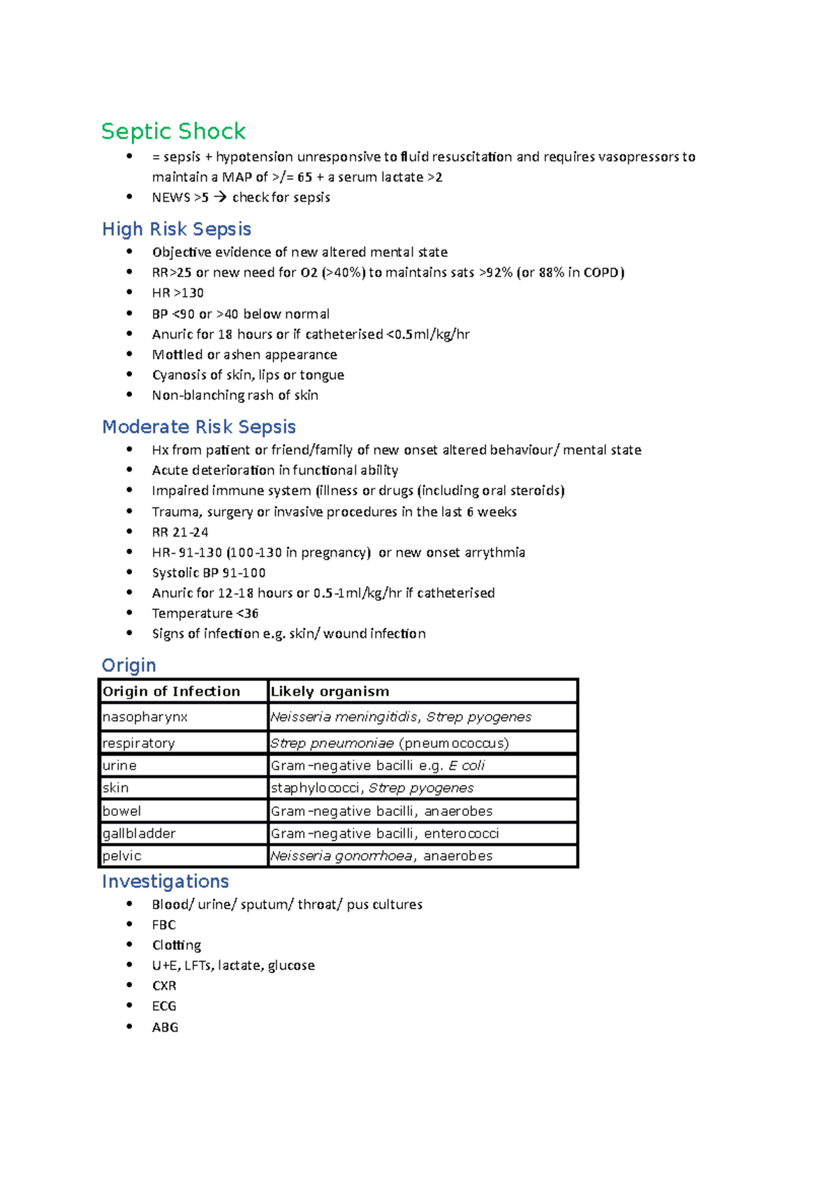 Septic Shock - Lecture notes 1 - Septic Shock = sepsis + hypotension ...