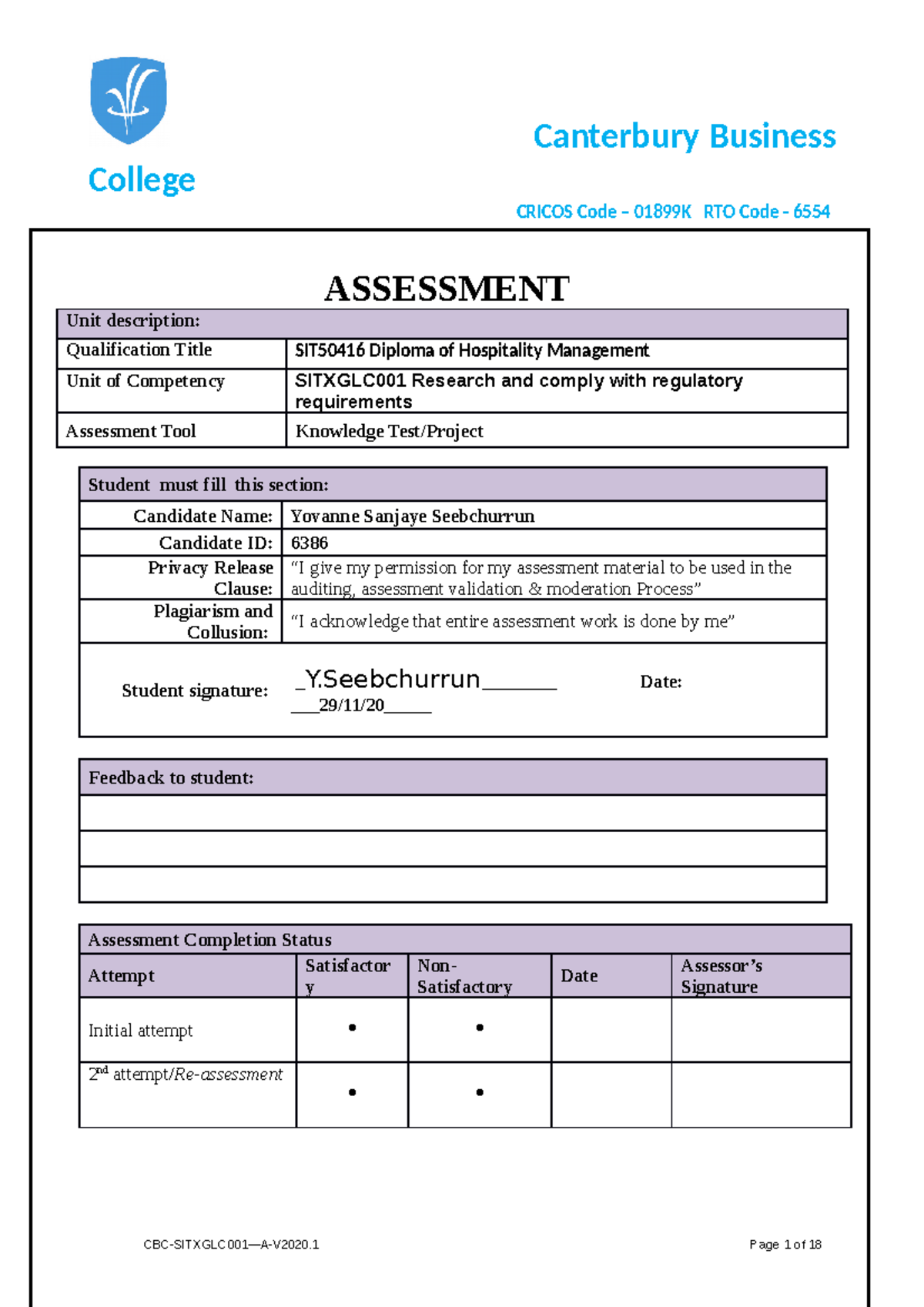 Sitxglc 001 Assessment - College CRICOS Code – 01899K RTO Code - 6554 ...