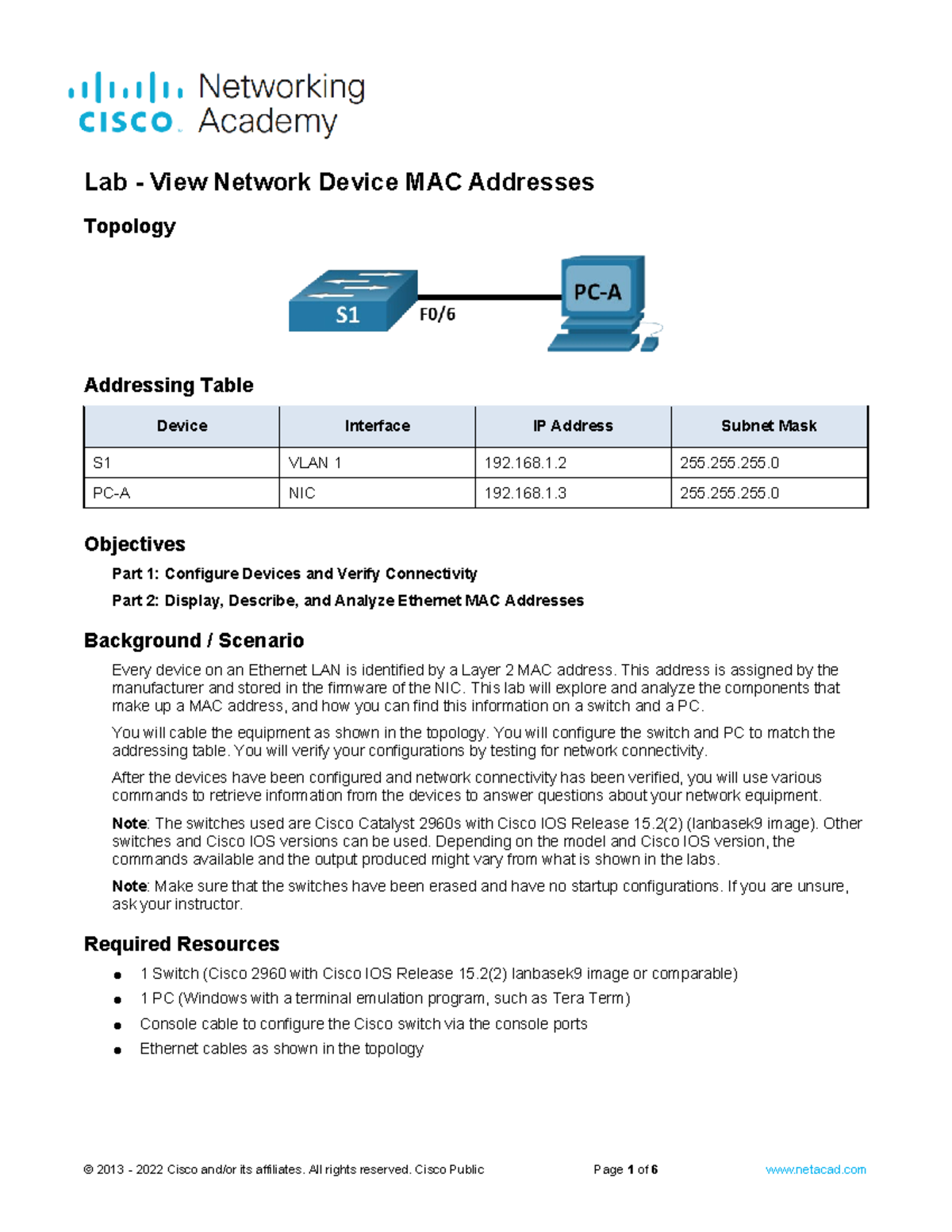 7 - Cisco's introduction to networking. Lab 7.2.7 - Topology Addressing Table Device Interface ...