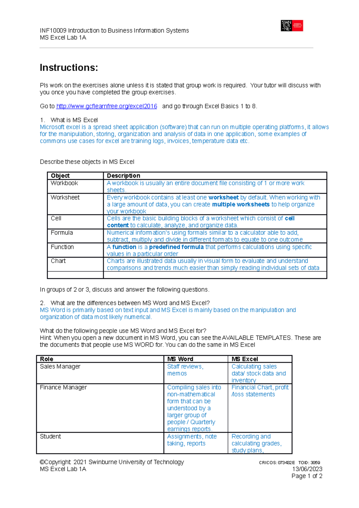 IBIS MS Excel Lab 1 - lab1 - INF10009 Introduction to Business Information Systems MS Excel Lab ...