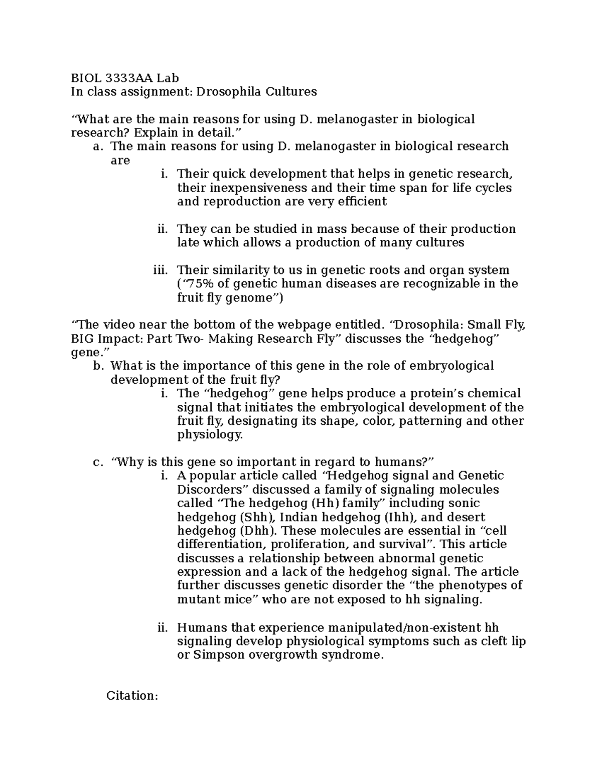In class Assignment 2 - BIOL 3333AA Lab In class assignment: Drosophila ...