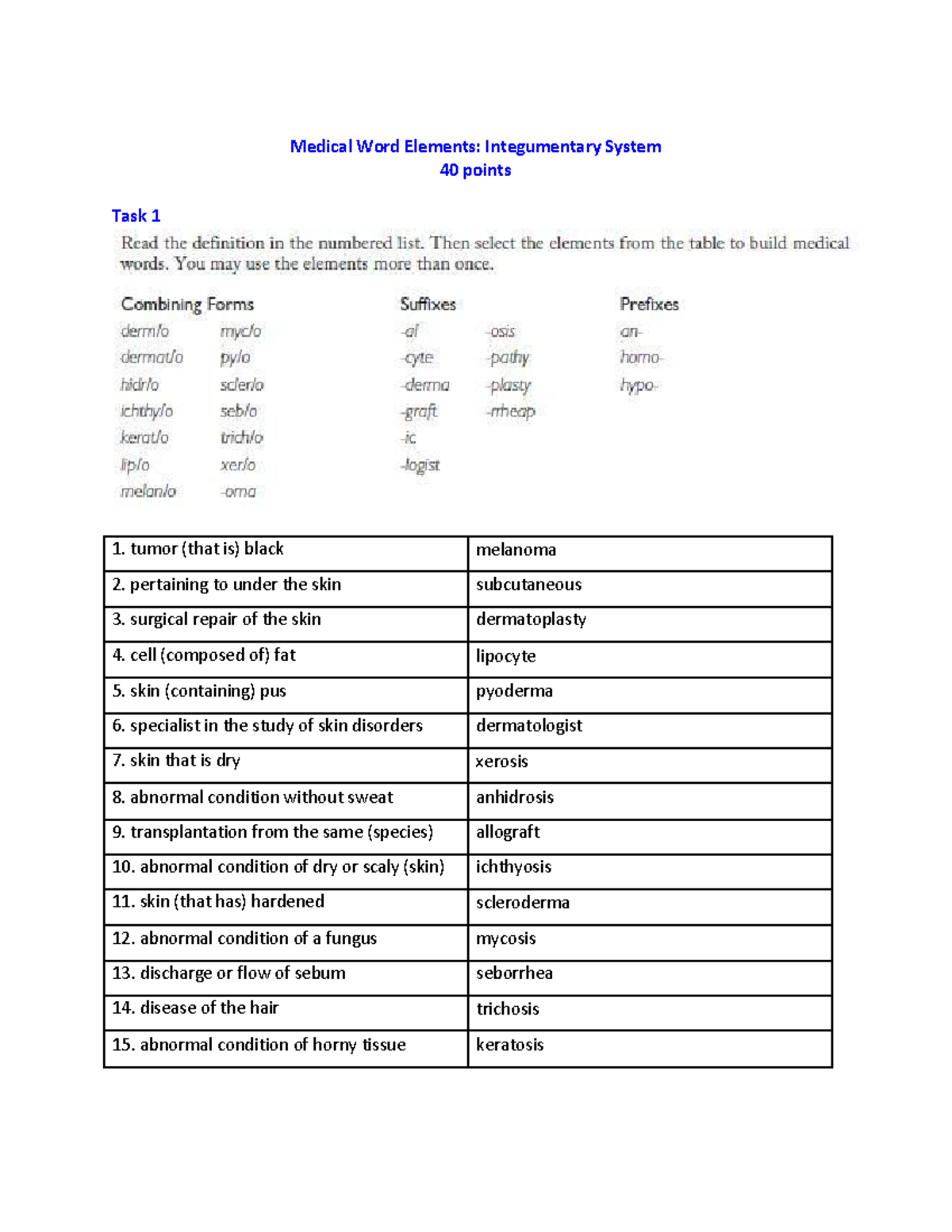 02 Module 3 Integumentary Terminologies Activity 40 - Medical Word ...