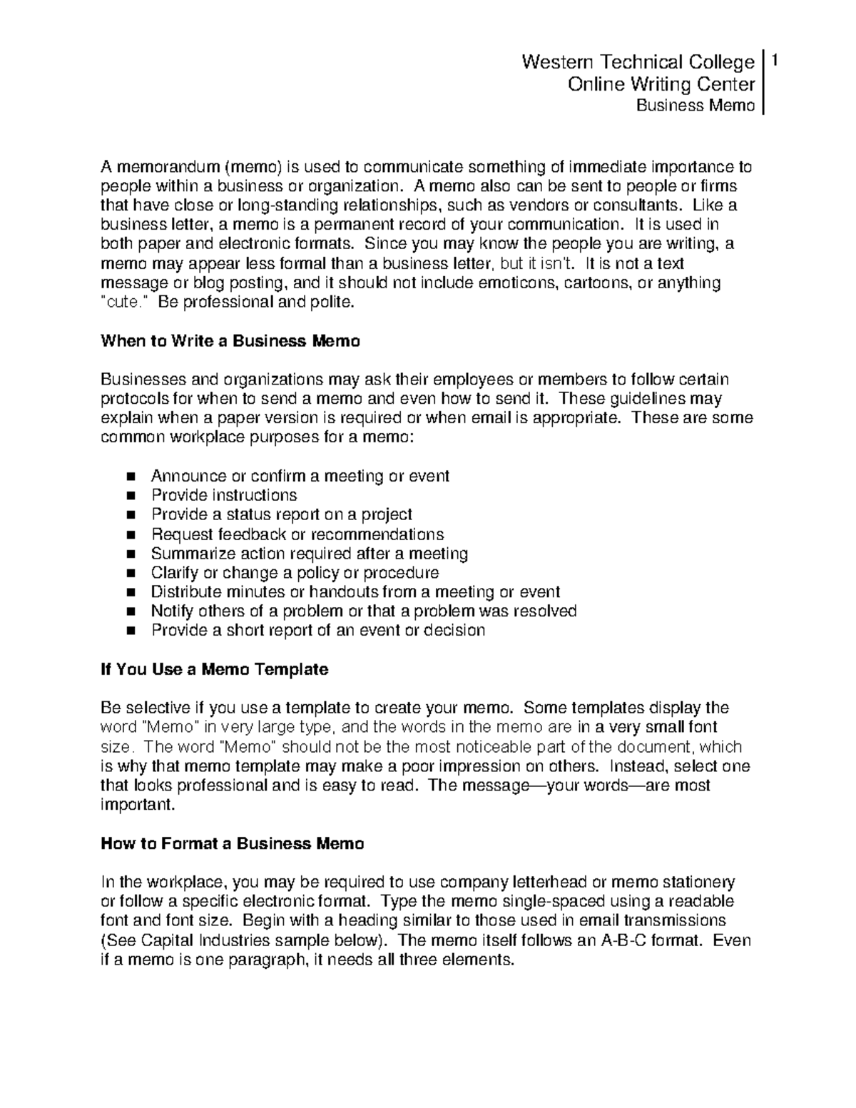 Business Memo - Western Technical College Online Writing Center ...