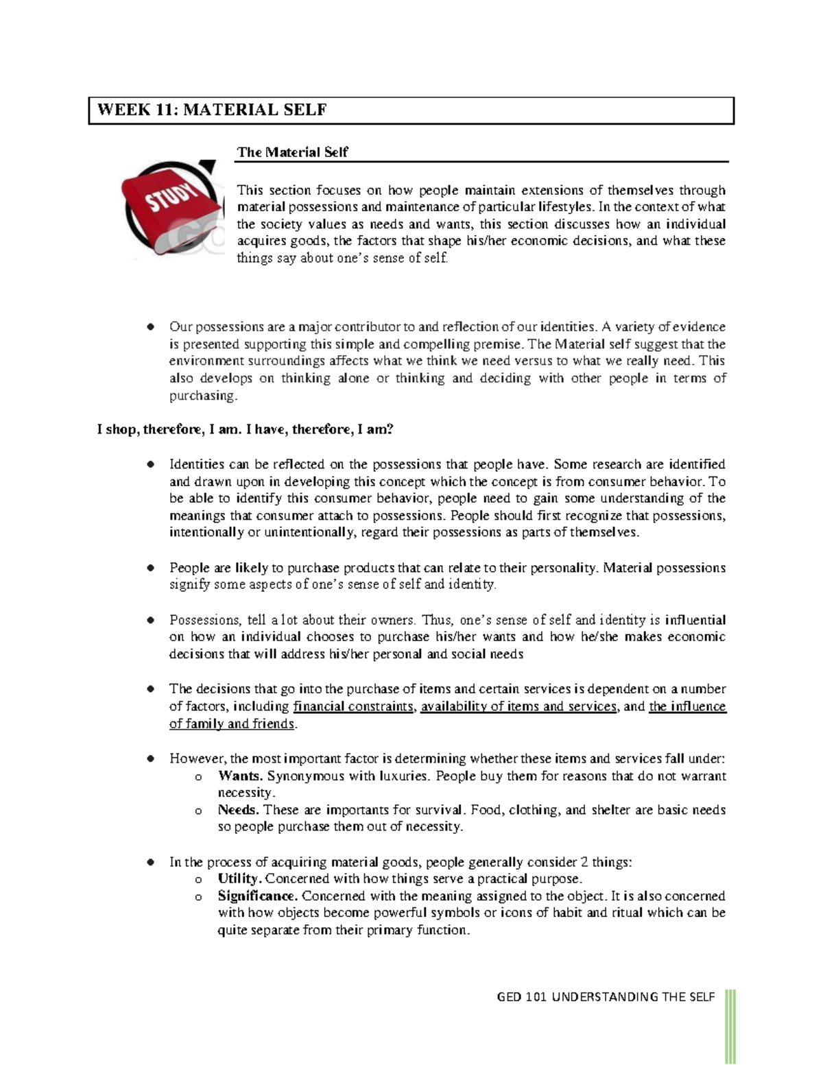 Week 11 GED-101-Understanding-the-Self-89-96 - WEEK 11: MATERIAL SELF The Material Self This ...