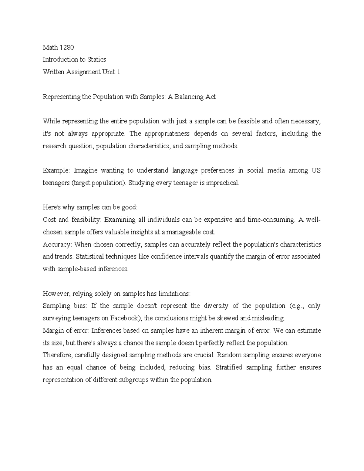 Discussion Assignment Unit 1 - Math 1280 Introduction to Statics Written Assignment Unit 1 - Studocu