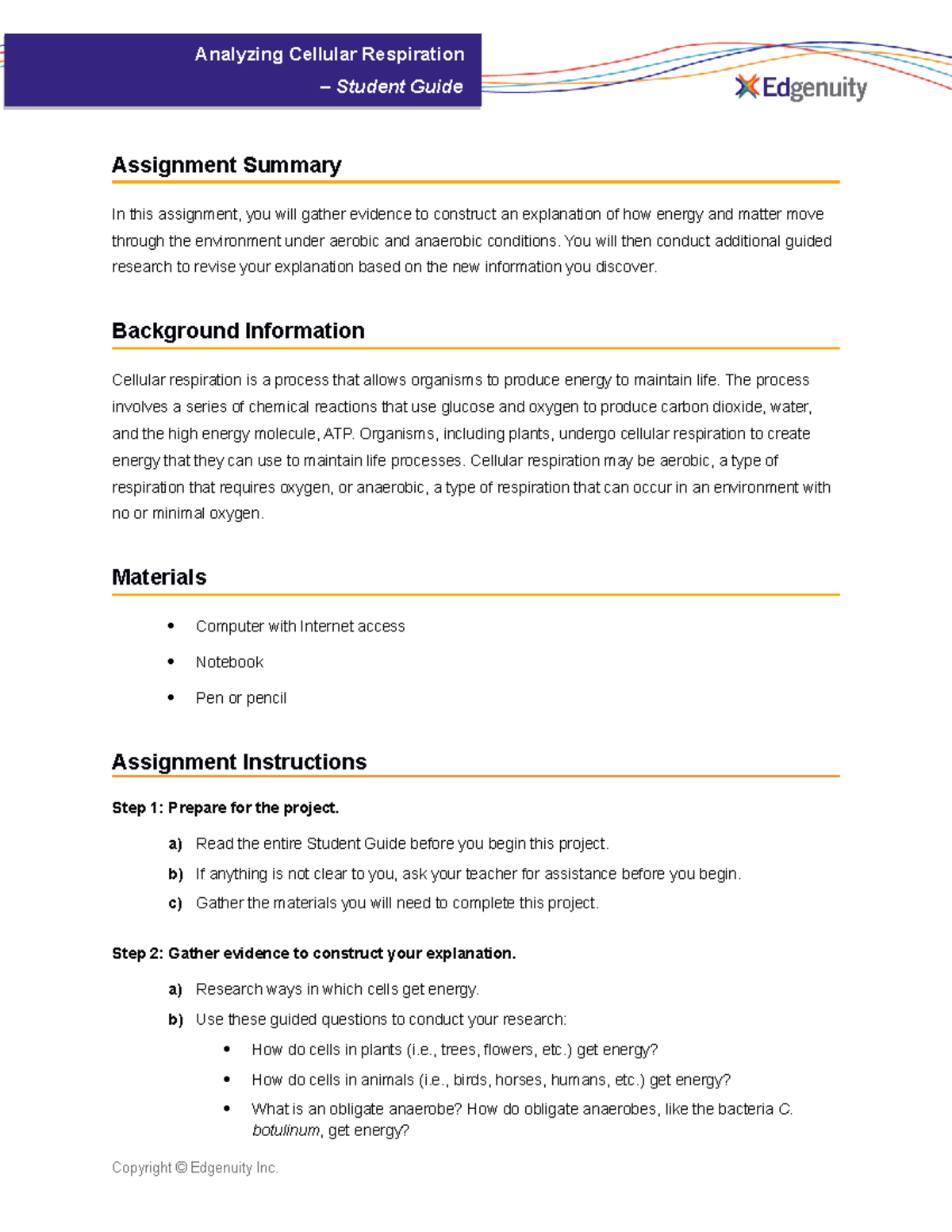 Analyzing Cellular Respiration Student Guide - Assignment Summary In ...