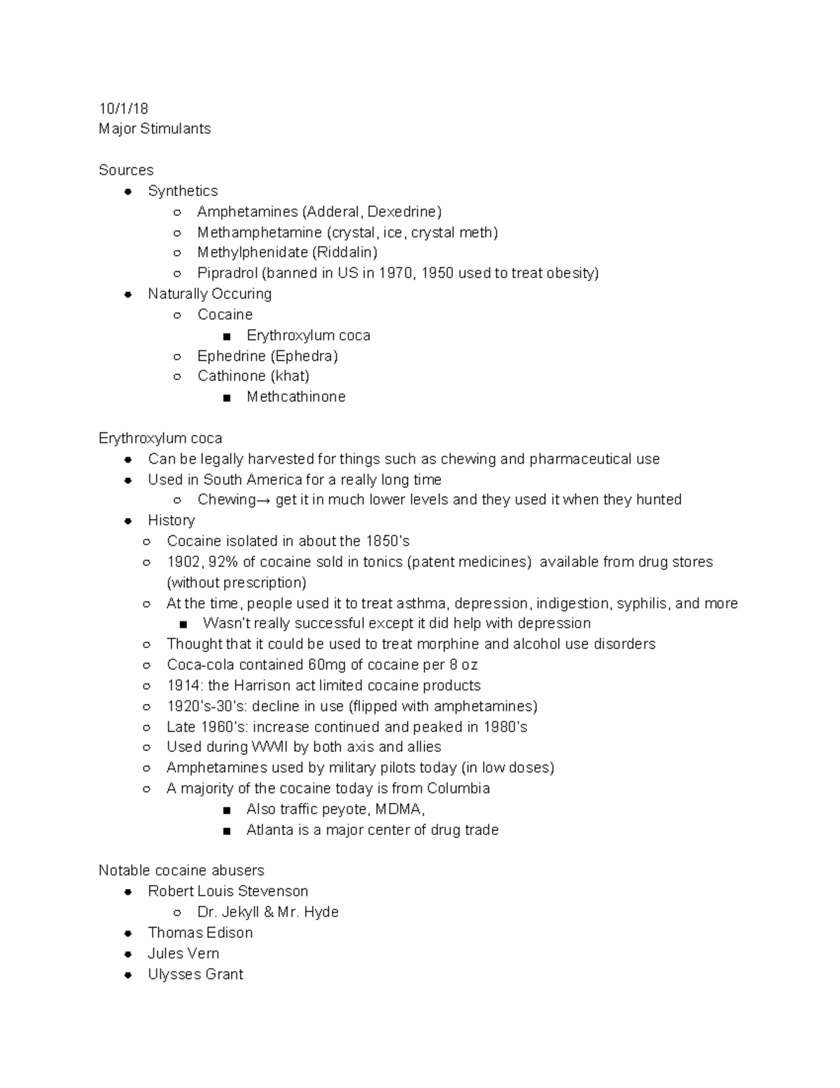 Psyc 330 Major Stimulants - 10/1/ Major Stimulants Sources Synthetics ...