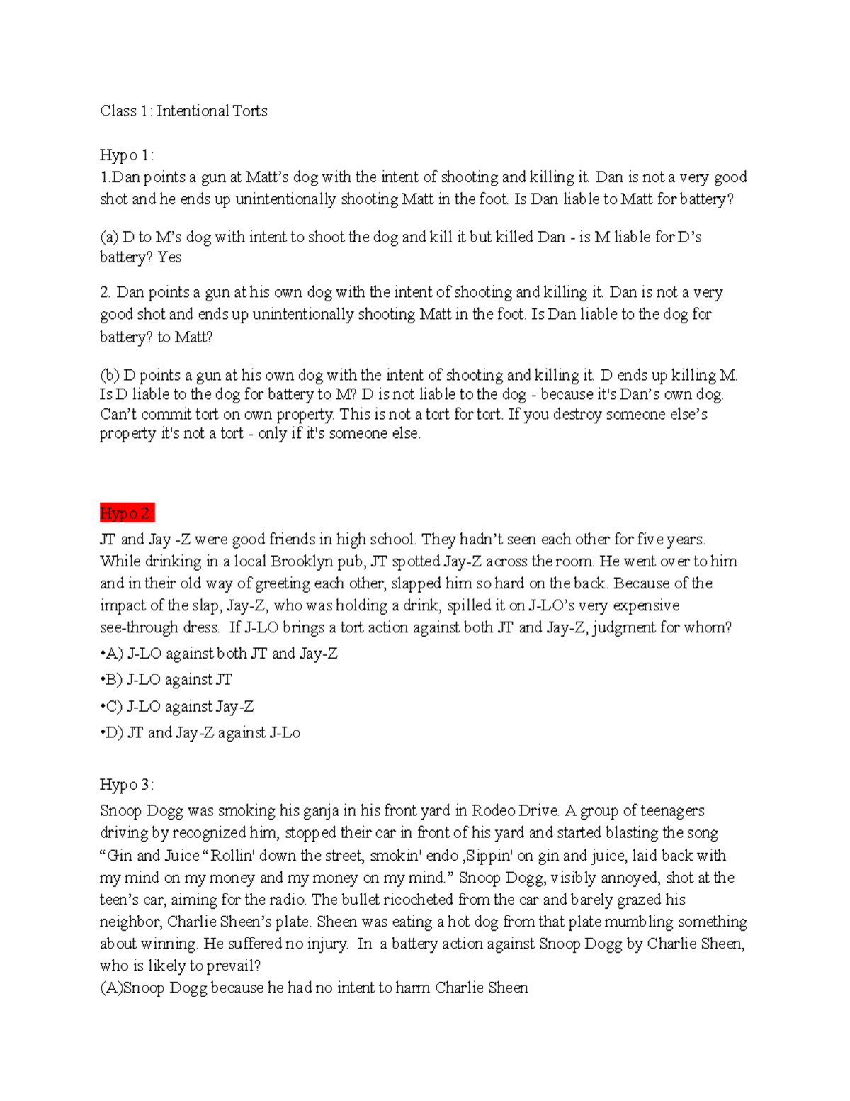 Torts Hypos - Questions and Answers - Class 1: Intentional Torts Hypo 1 ...