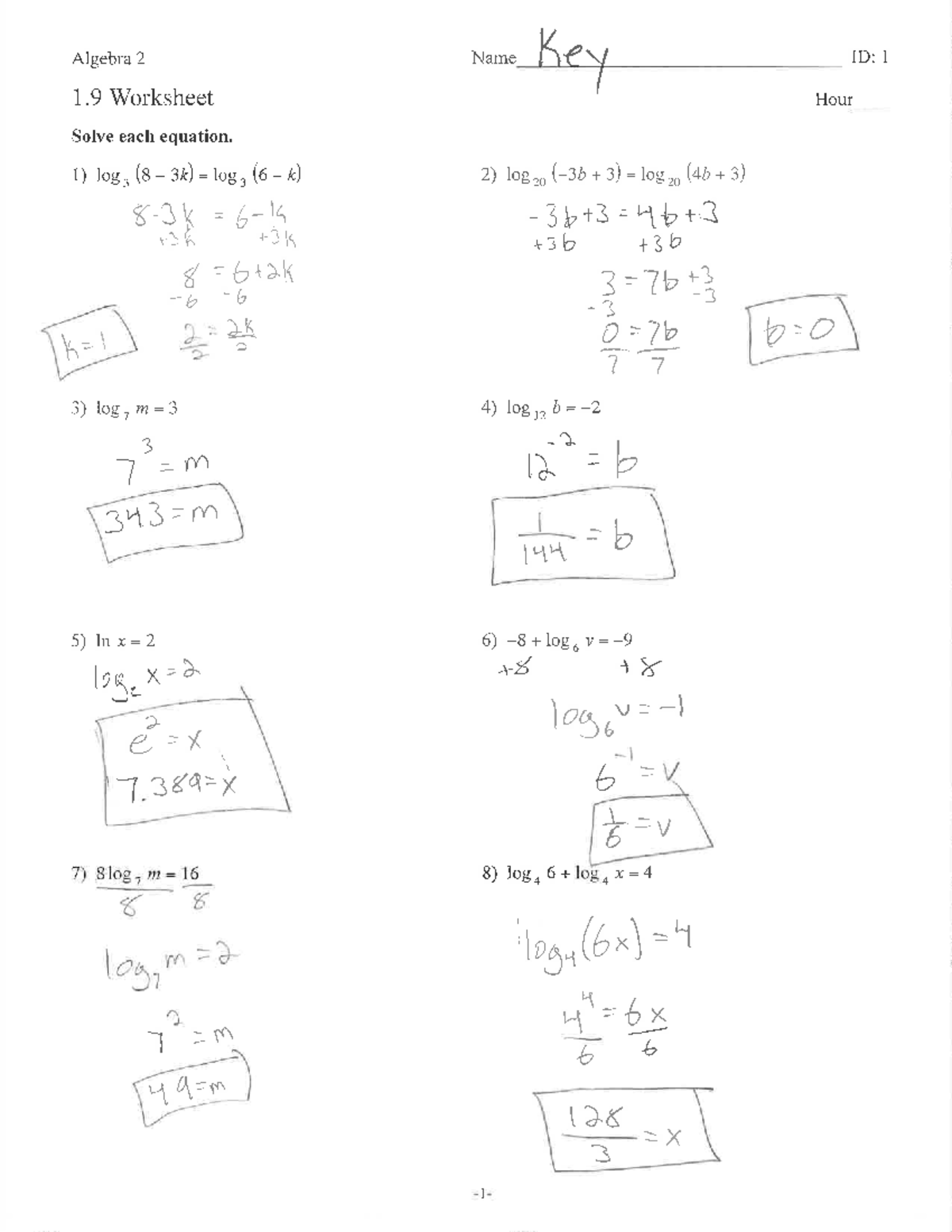 1.9 Worksheet Answers, Log Equations, Alg 2B, 21-22 - Algebra 2 Name ...