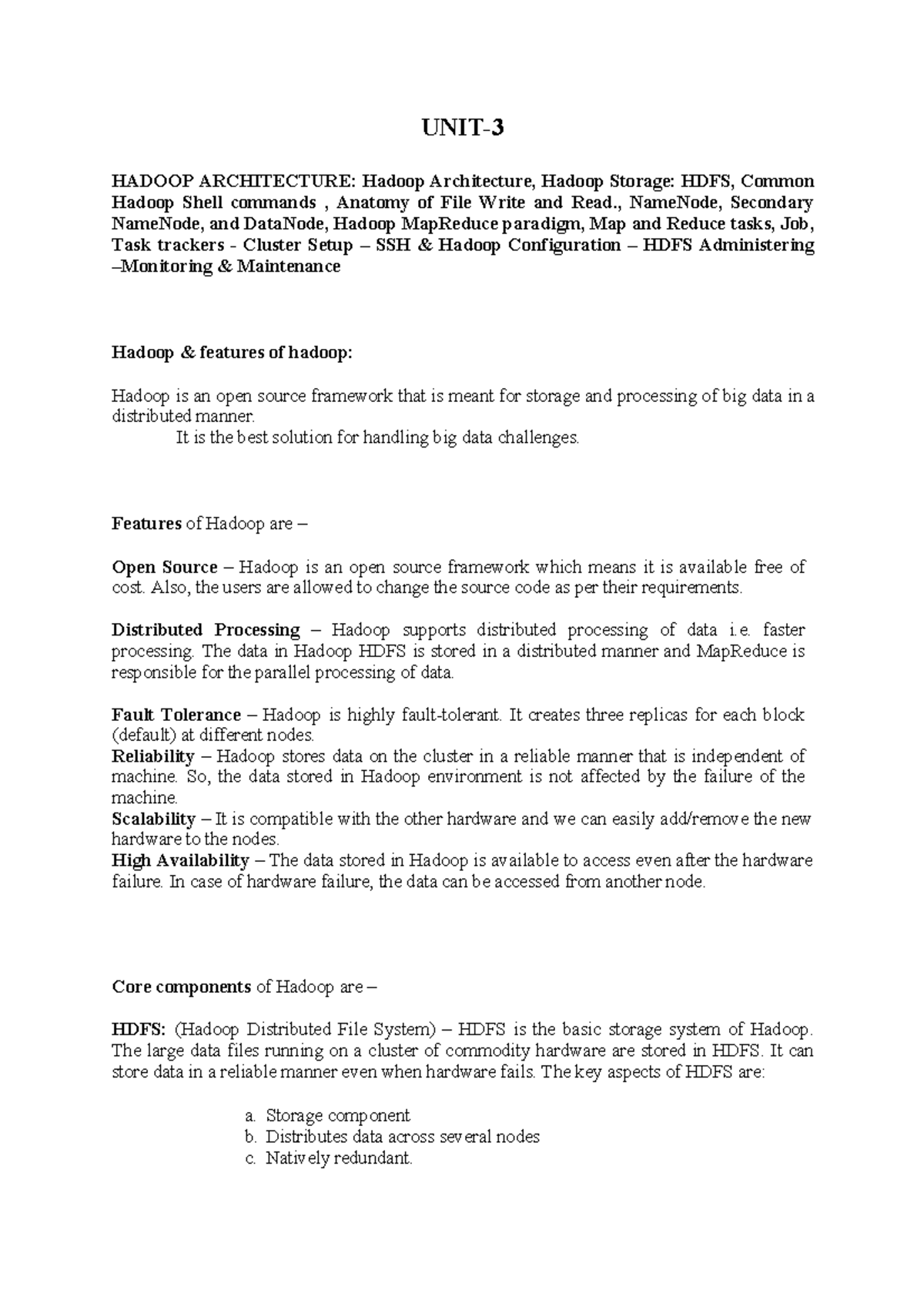 Unit 3 Big Data Big Data Analytic Notes Unit Hadoop Architecture Hadoop Architecture