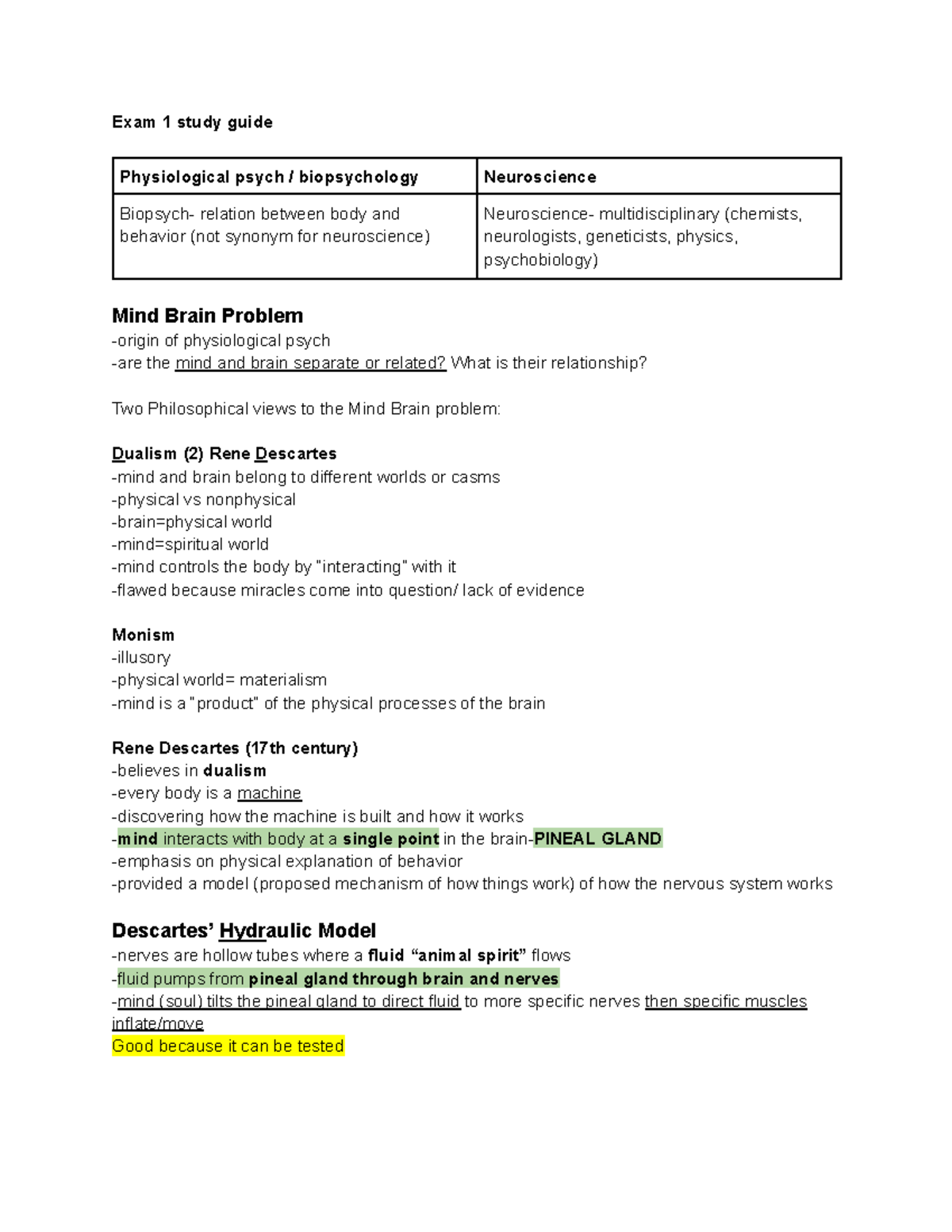Unit 1-Physio psych - n/a - Exam 1 study guide Physiological psych ...
