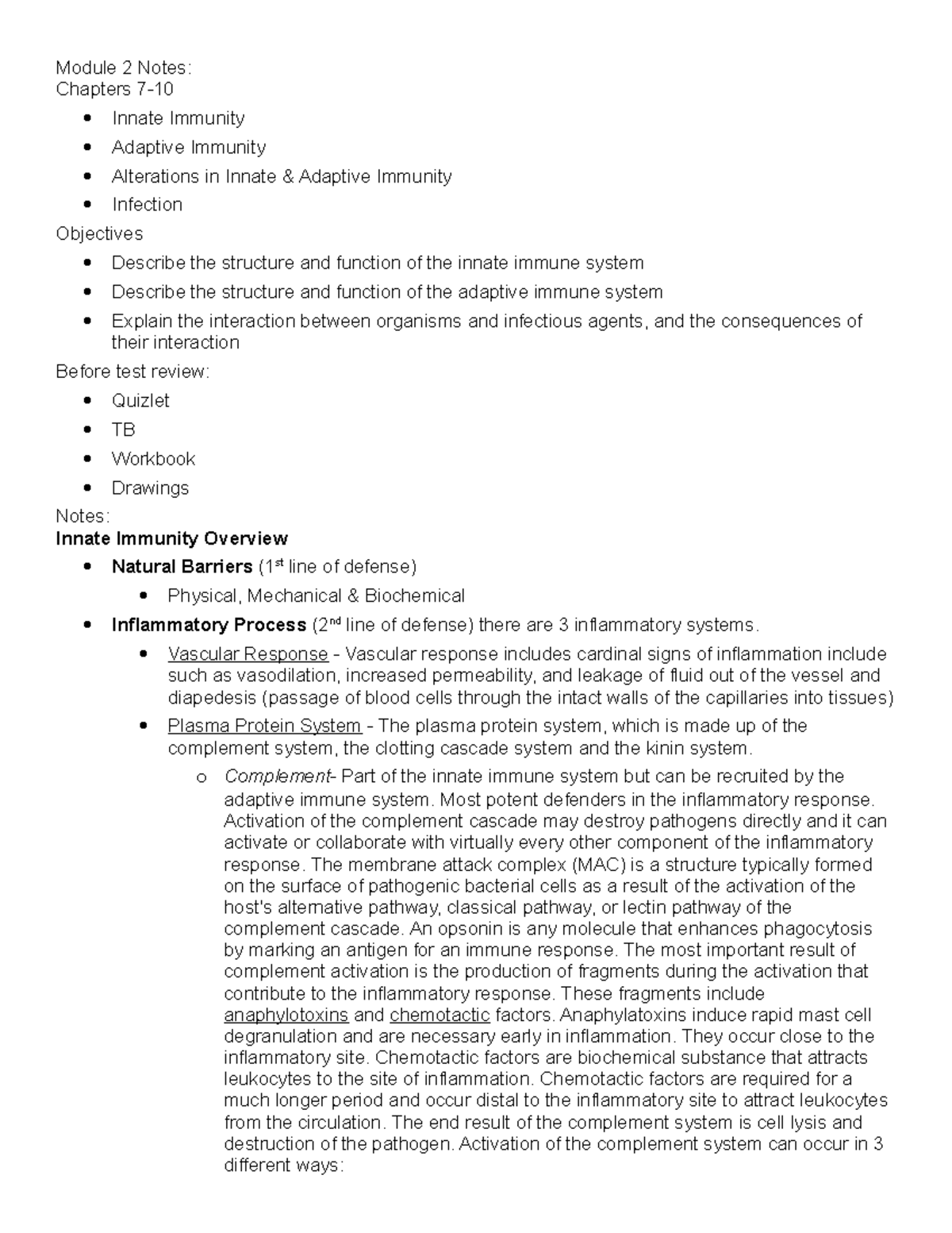 Module 2 Notes - Module 2 Notes: Chapters 7- Innate Immunity Adaptive ...