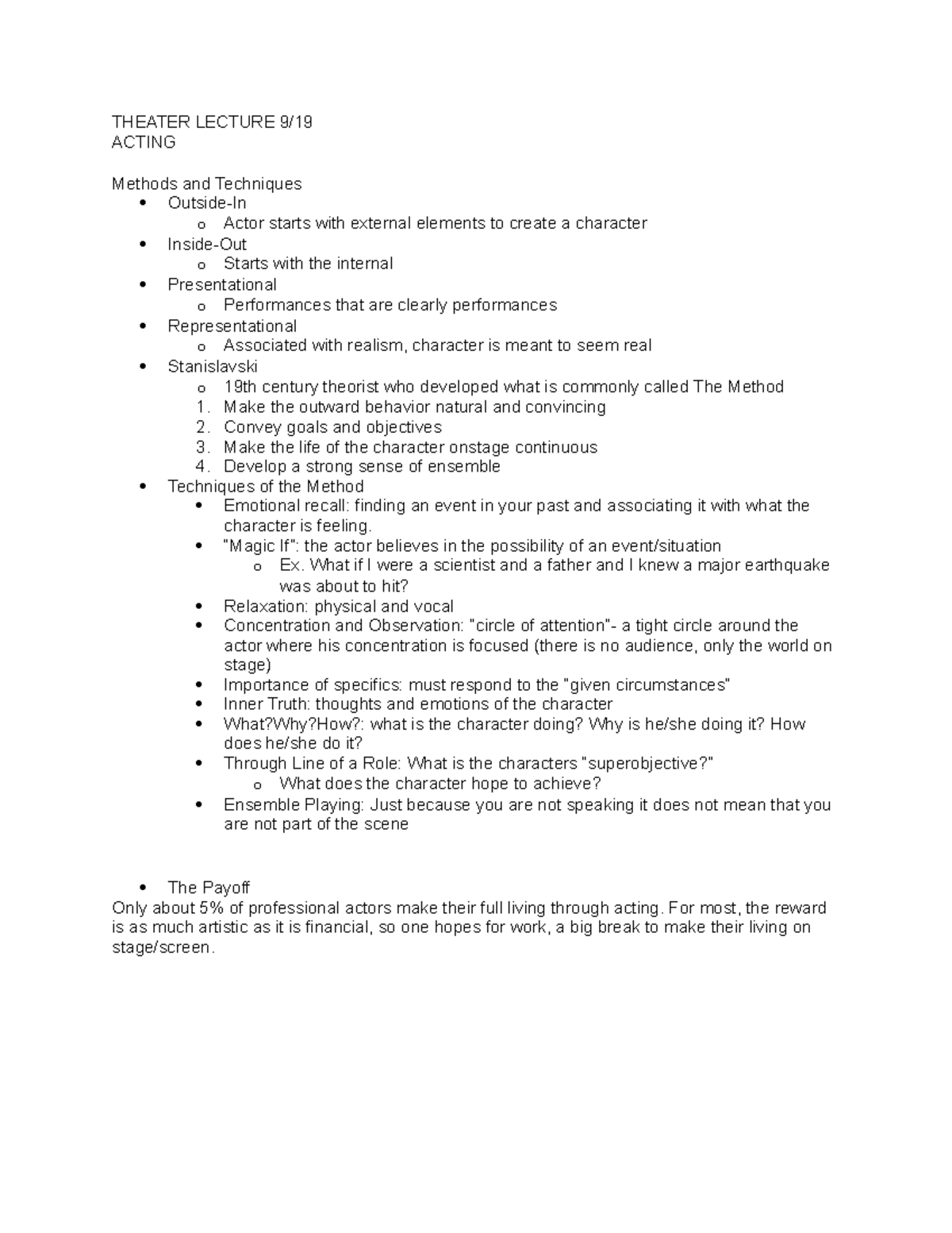 Theater Lecture 9:19 - THEATER LECTURE 9/ ACTING Methods and Techniques ...