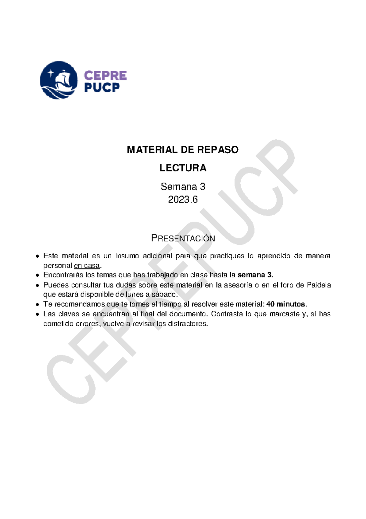 Material de repaso hasta semana 3 + claves Lectura 2023.6 - MATERIAL DE ...