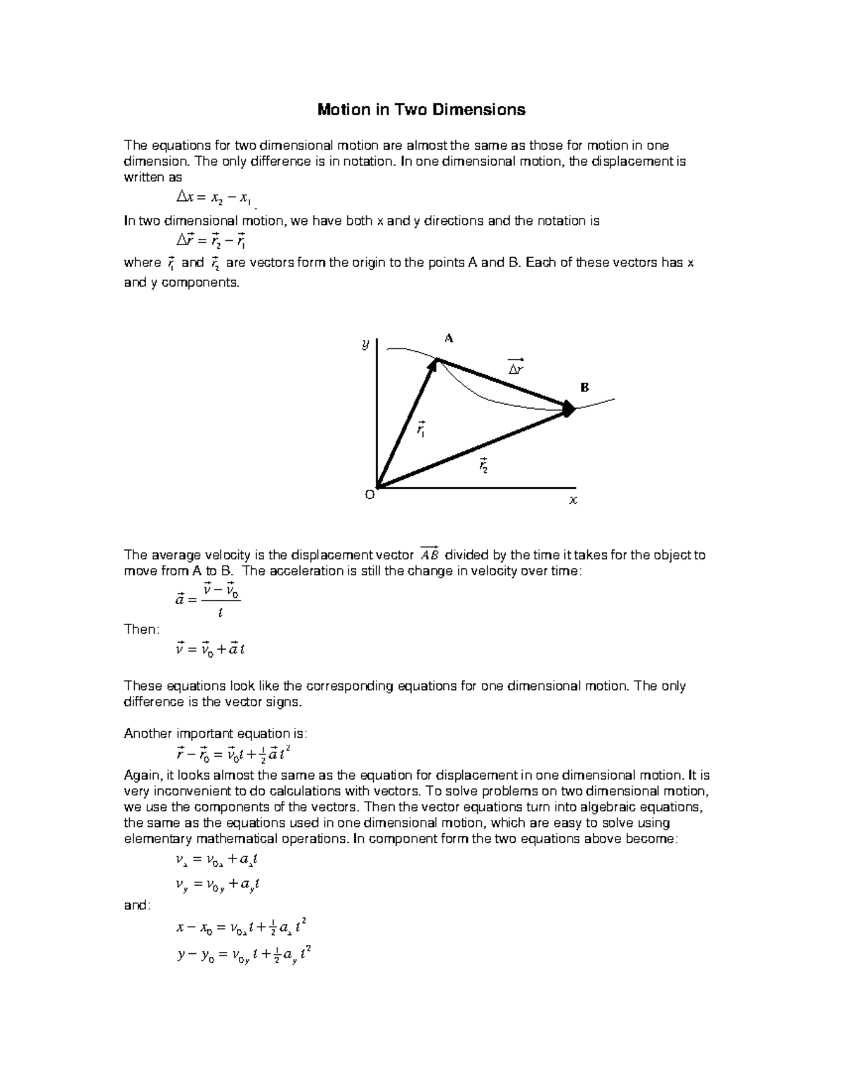Lesson 2studysheet-1-1 - Motion in Two Dimensions The equations for two dimensional motion are ...