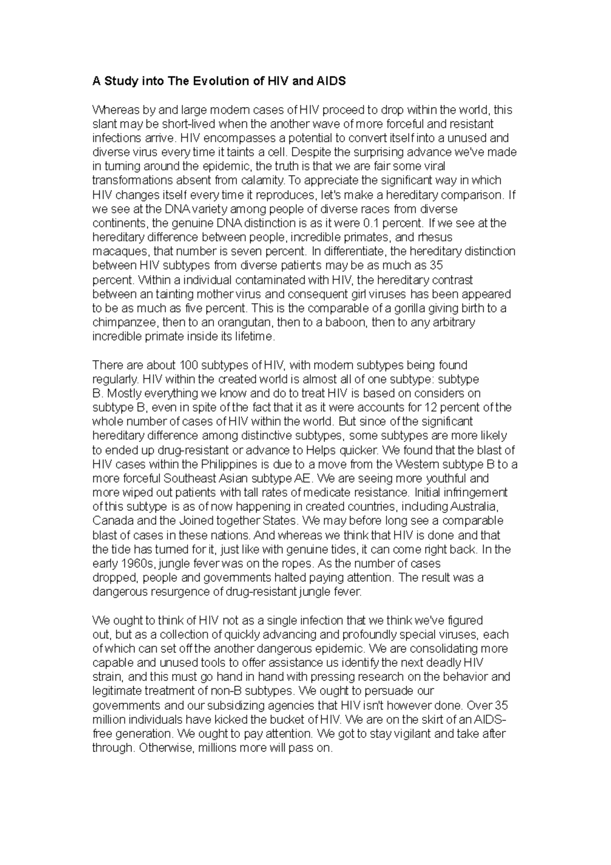 A Study into The Evolution of HIV and AIDS - HIV encompasses a ...