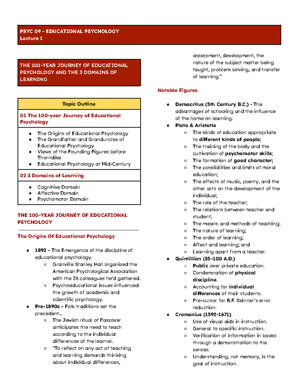Educ Psyc Lecture 1 - Lecture 1 Topic Outline 01 The 100-year Journey ...