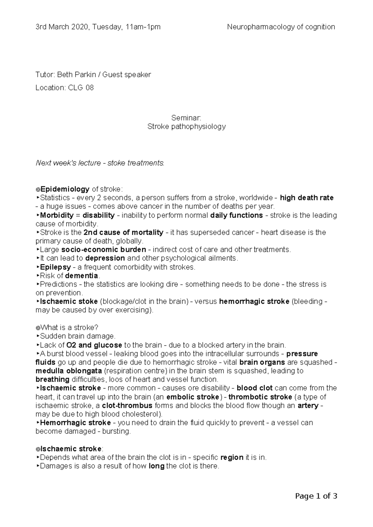 Stroke Seminar - revision lecture notes - 3rd March 2020, Tuesday, 11am ...