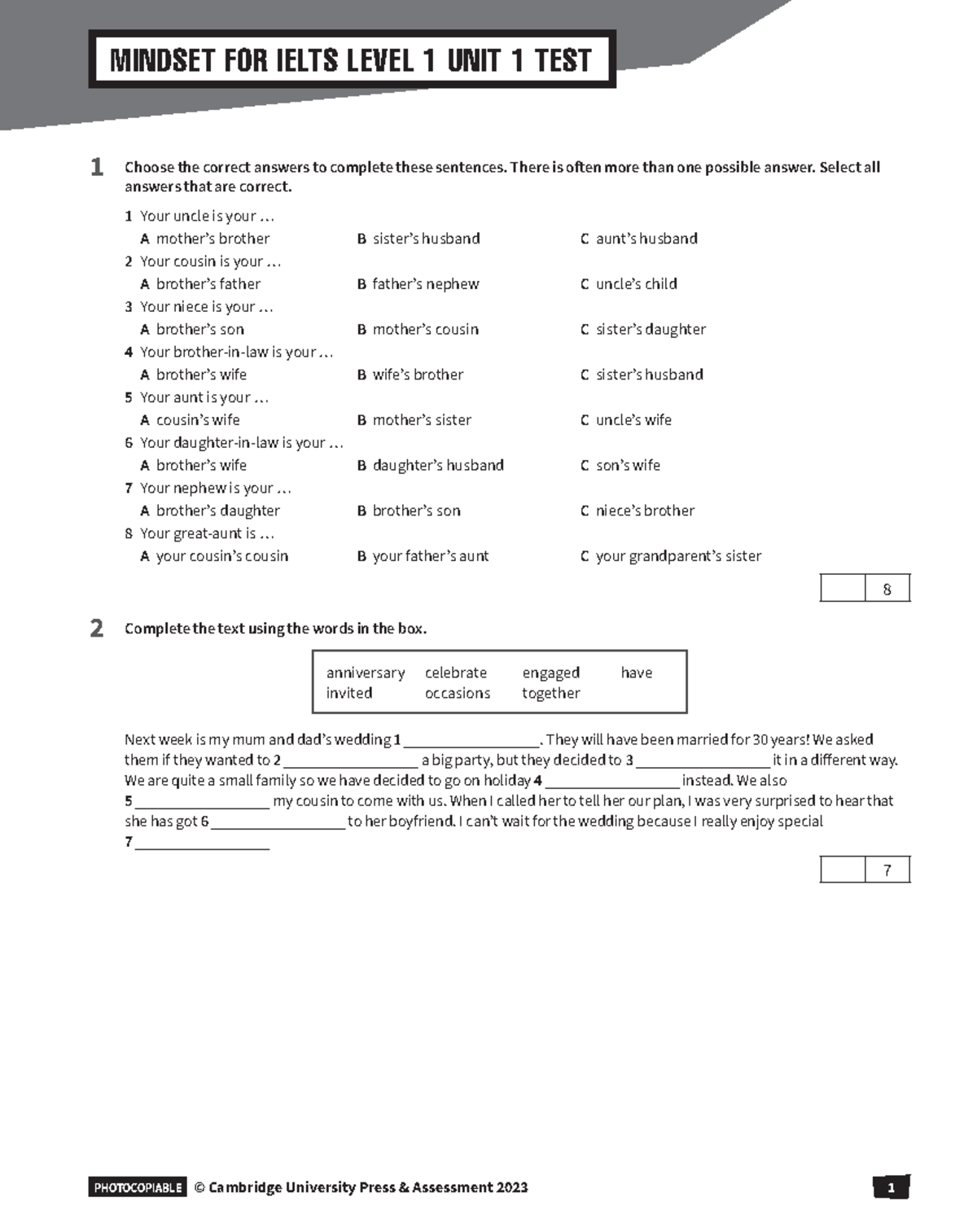 Mindset R L1 Unit Tests U01 Student - MINDS ET F OR IELTS LEVEL 1 UNIT ...