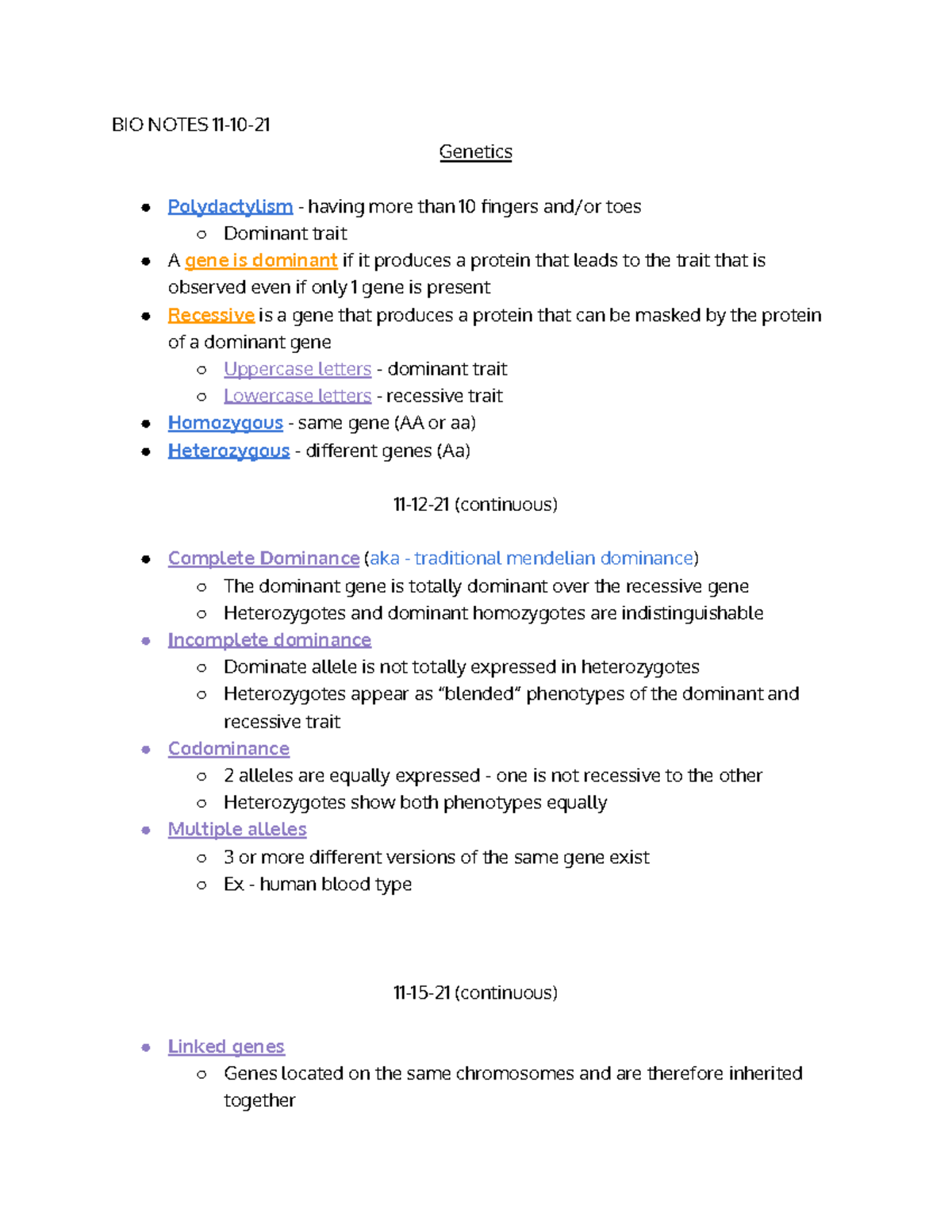 BIO Notes genetics - BIO NOTES 11-10- Genetics Polydactylism - having ...