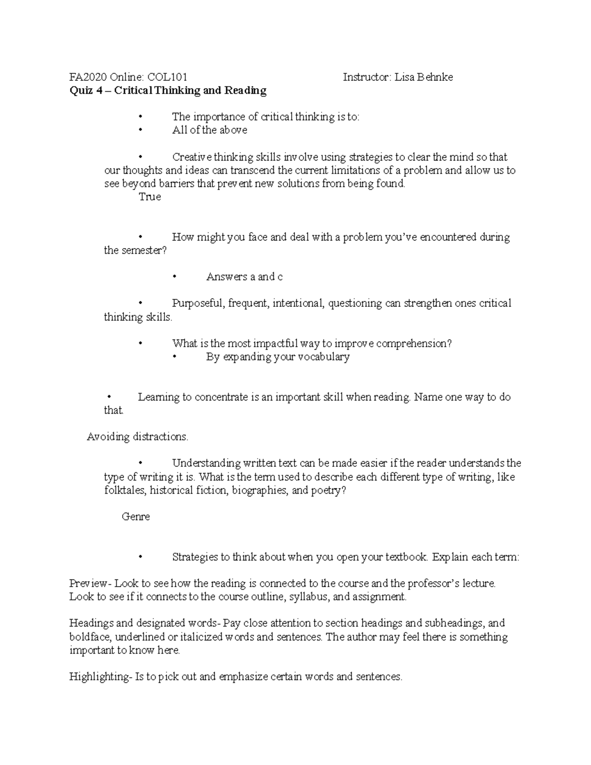 QUIZ 4 COL101 - Chapters 17-21 Online FA20 - FA2020 Online: COL101 ...