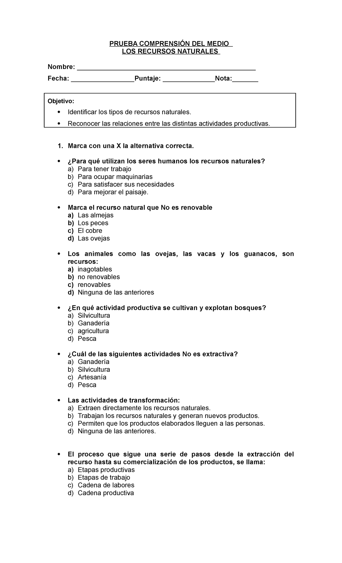 Prueba-Recursos-Naturales - PRUEBA COMPRENSIÓN DEL MEDIO LOS RECURSOS ...