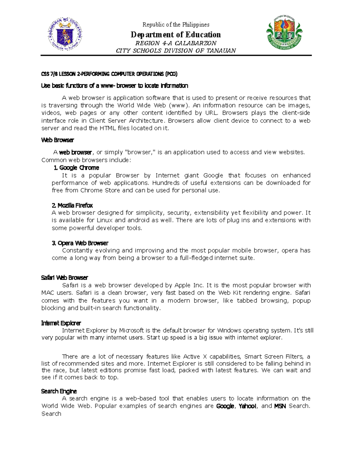 Grade 7 8 Css Info Sheet Lesson 2 Performing Computer Operations Pco Css 7 8 Lesson 2