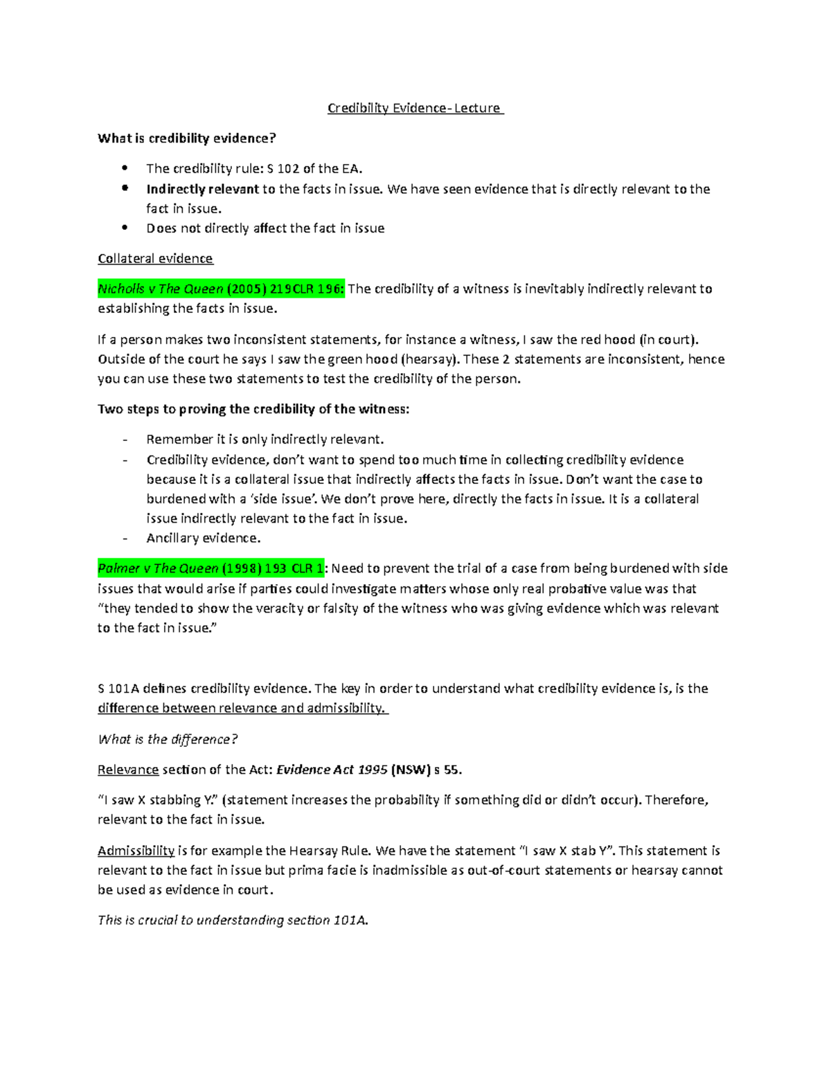 Credibility Evidence Lecture - Indirectly relevant to the facts in ...