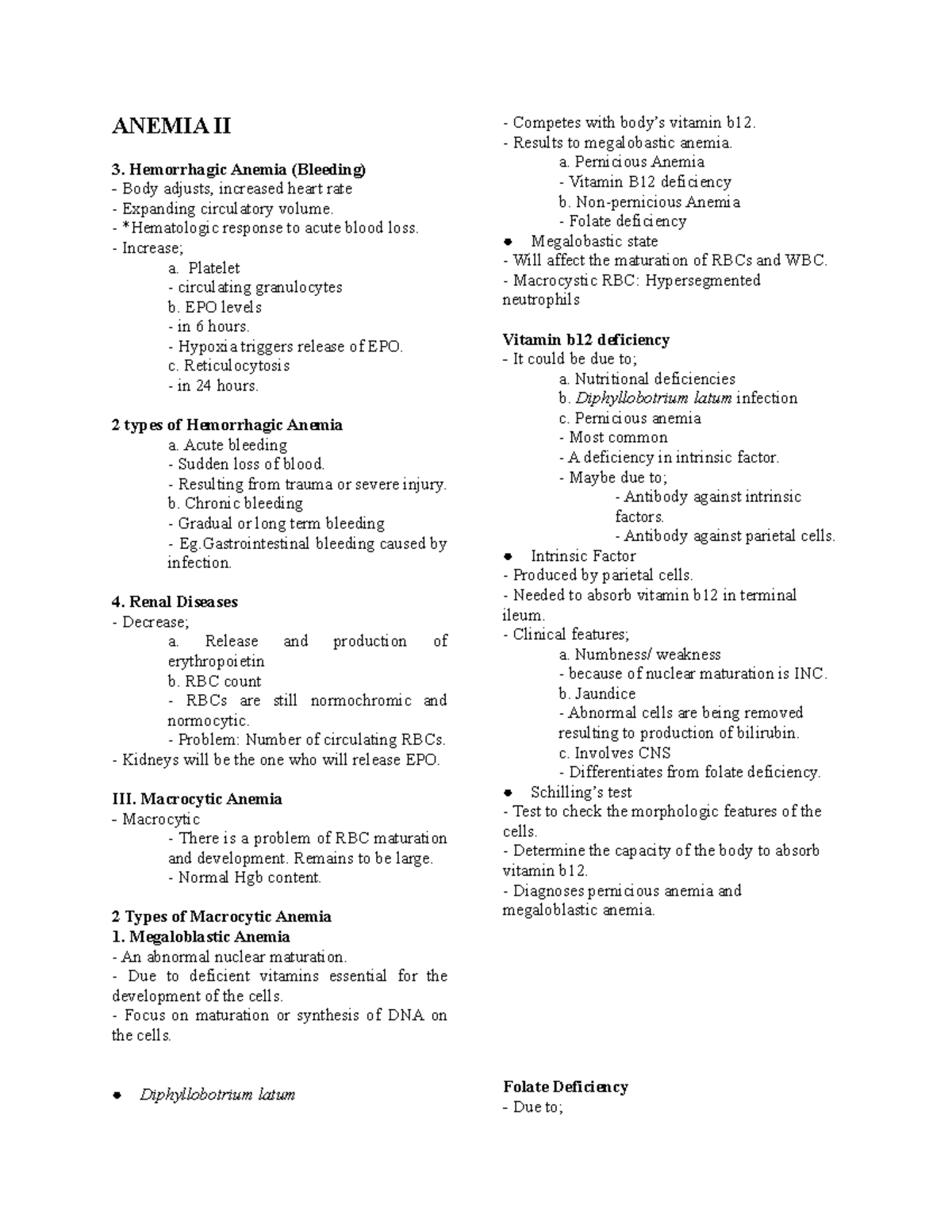 Anemia II - ANEMIA II Hemorrhagic Anemia (Bleeding) Body adjusts ...