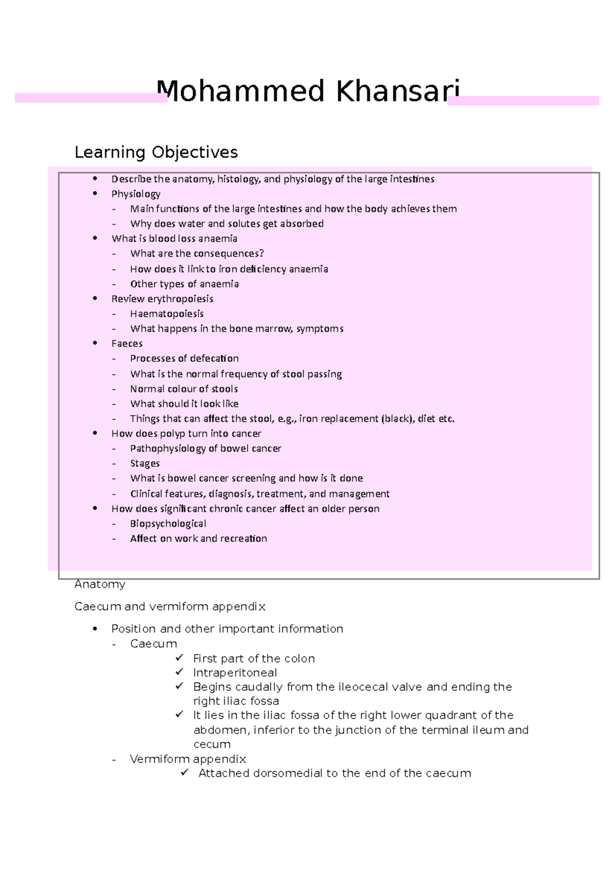 Mohammed Khansari - colon notes, anamia and colon cancer - Mohammed ...