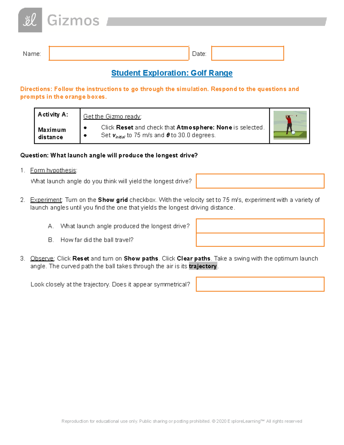 Gizmo Projectile Motion Golf Range - Name: Date: Student Exploration ...