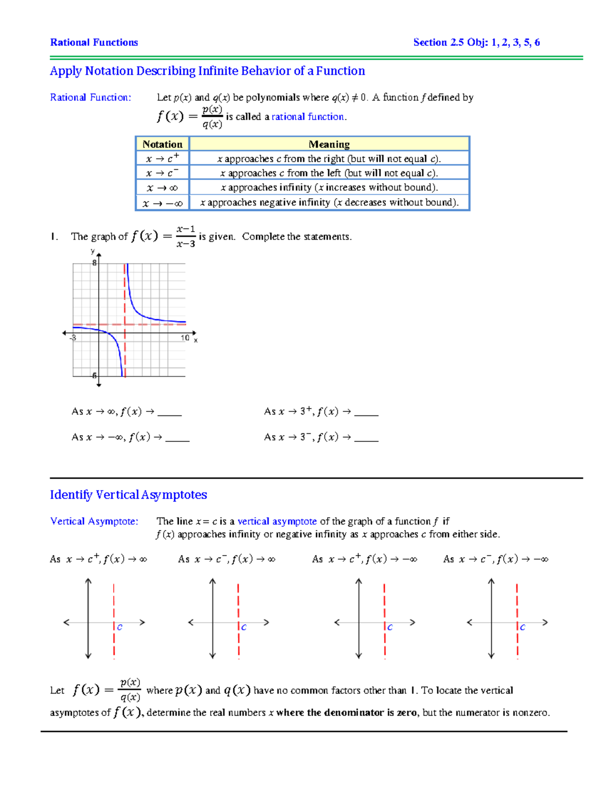 2.5 Rational Functions Obj 1, 2, 3, 5, 6 - Rational Functions Section 2 ...