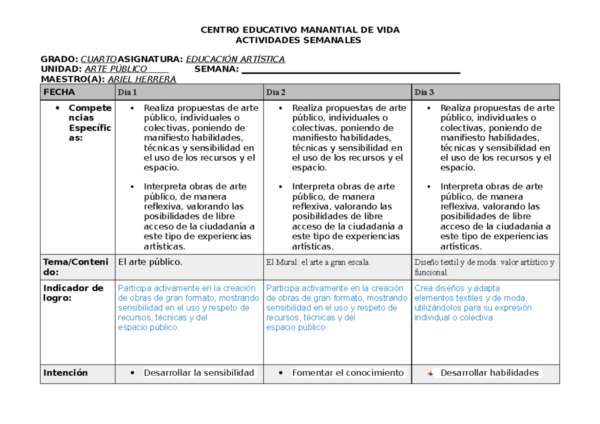Planifición de Cuarto - Ejemplos de planificación docente - ACTIVIDADES ...