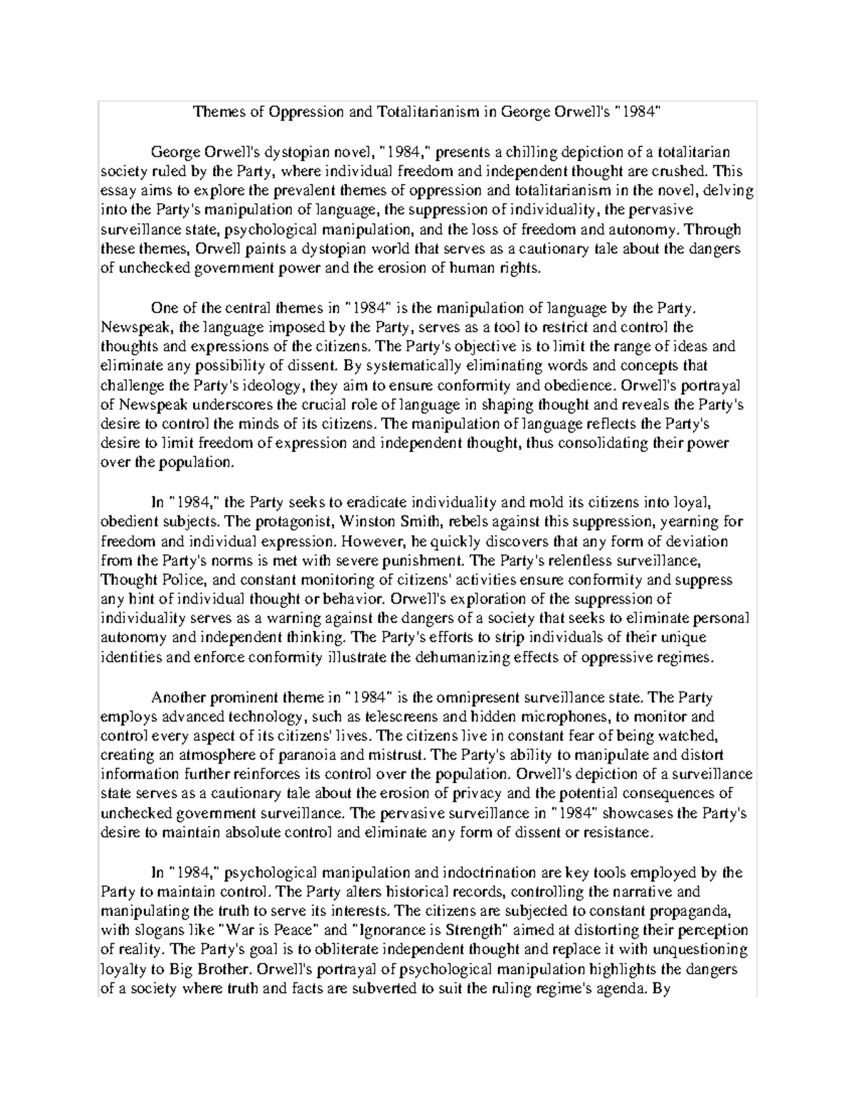Essay on themes of 1984 - Themes of Oppression and Totalitarianism in ...