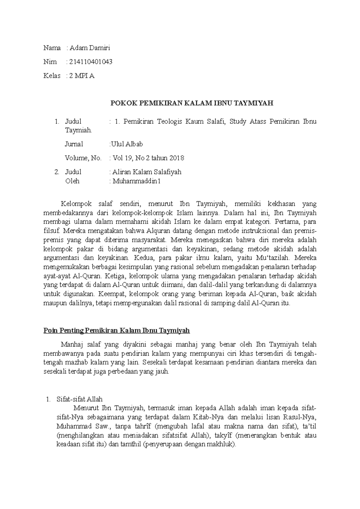 Resum Ilmu Kalam Adam Damiri 214110401043 - Nama : Adam Damiri Nim ...