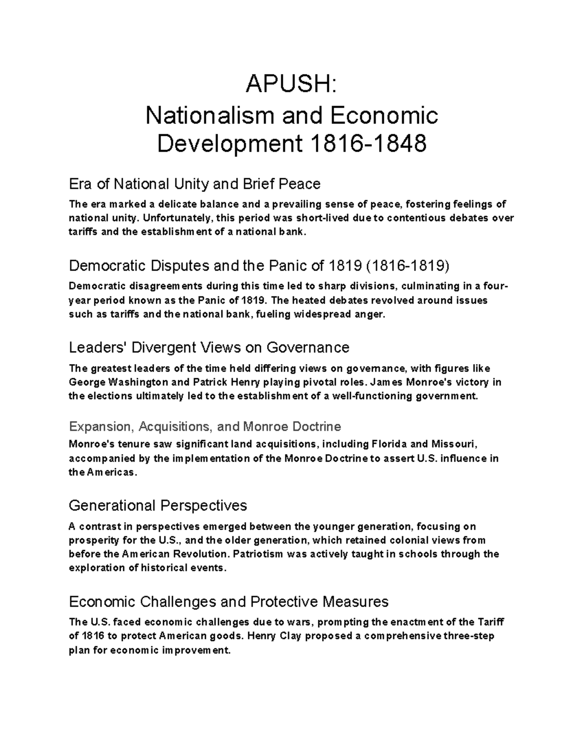 Apush Notes Nationalism and Economic Development Part1 - APUSH ...