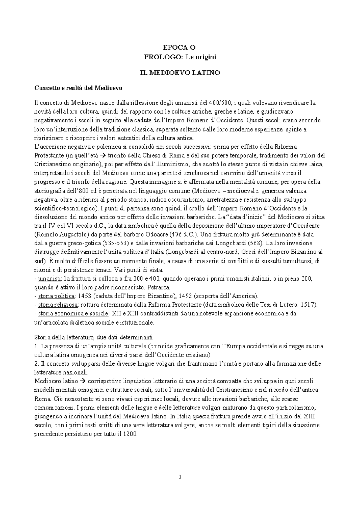 Epoca 0 - Ferroni - EPOCA O PROLOGO: Le origini IL MEDIOEVO LATINO ...