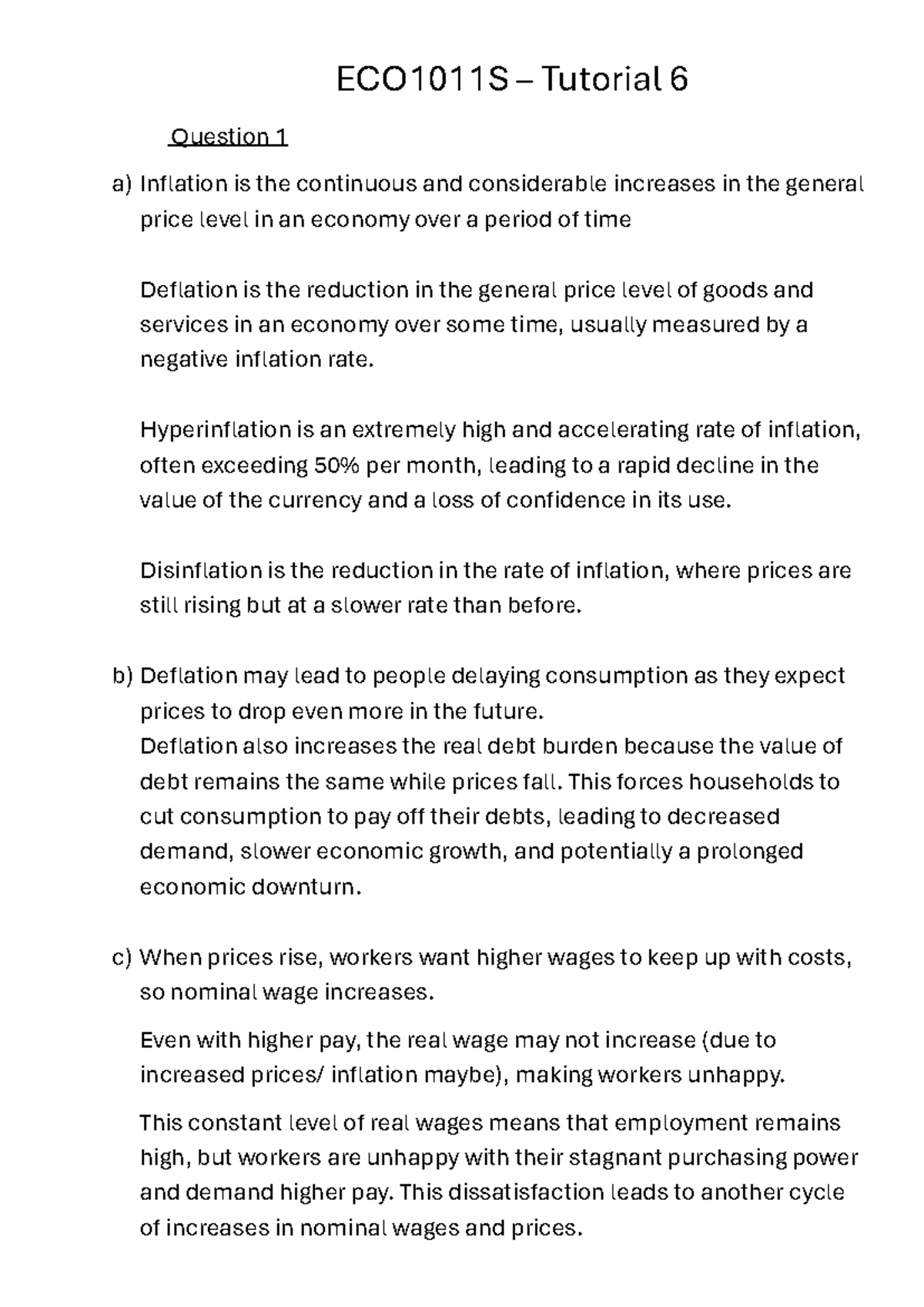 ECO1011S- Tutorial 6 - ECO1011S – Tutorial 6 Question 1 a) Inflation is the continuous and - Studocu