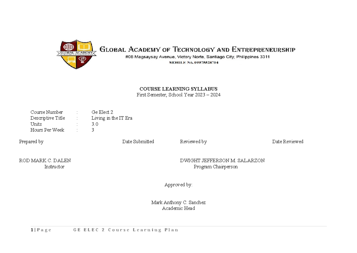 Living ing the IT era - COURSE LEARNING SYLLABUS First Semester, School ...