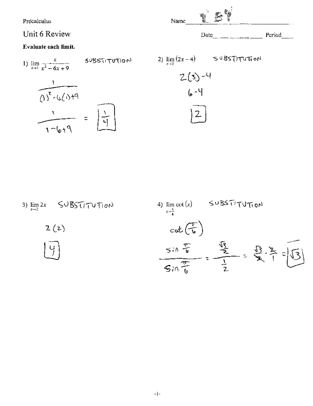 Unit 6 Review 23.24 - KEY - Precalculus Unit 6 Review Evaluate each ...