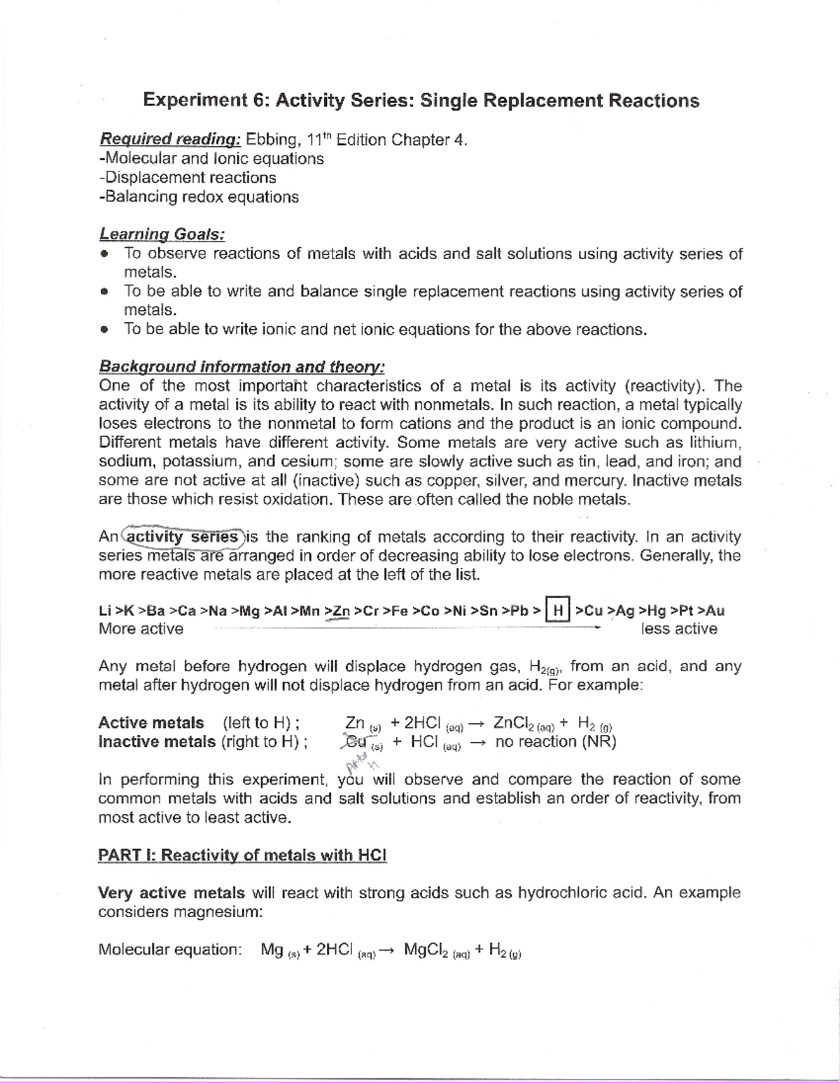 Experiment 6- Activity Series - CHEM 1411 - Studocu