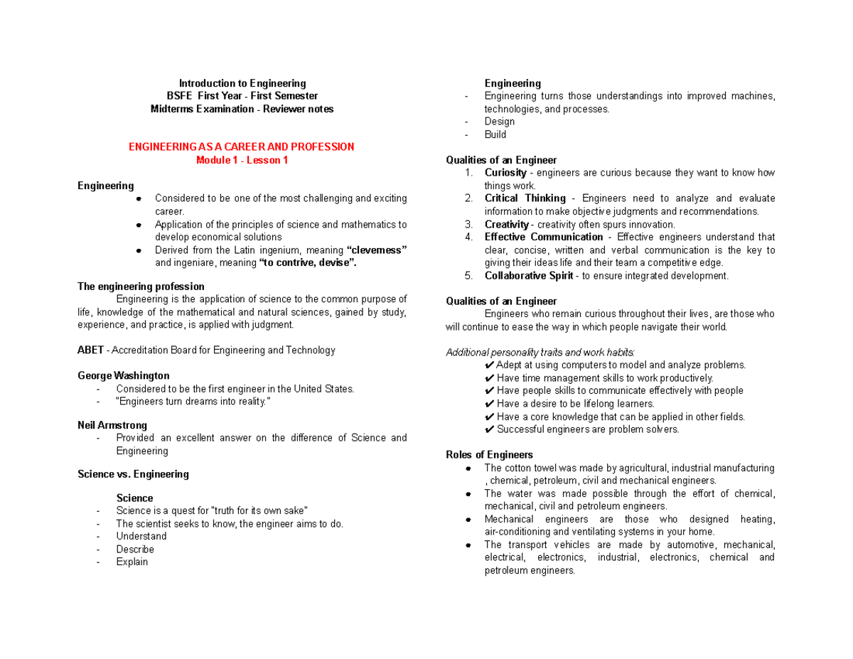 Intro to Engineering Reviewer Notes - Introduction to Engineering BSFE ...
