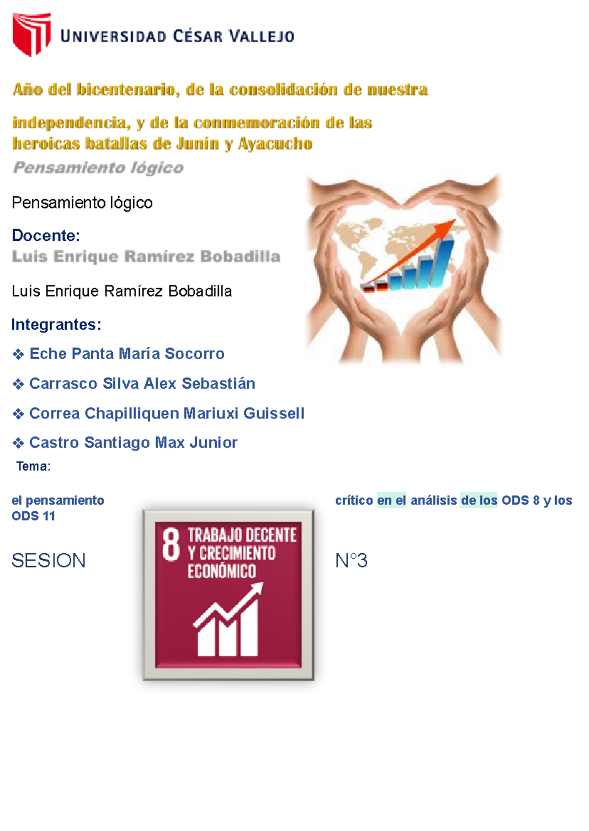 EL Pensamiento Critico EN EL Analisis DE LOS ODS 8 y ODS 11´´ - Pensamiento lógico Docente: Luis ...