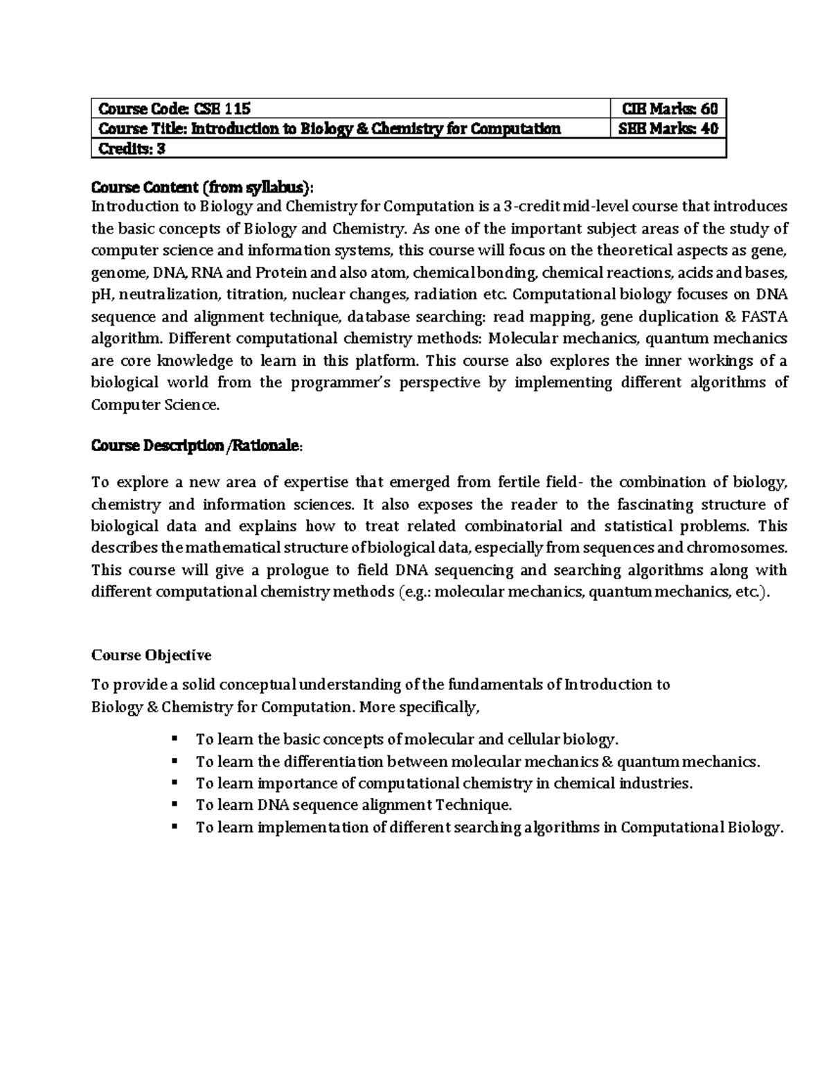 CSE 115 Introduction to Biology and Chemistry for Computation Final Version 2 - Course Code: CSE ...