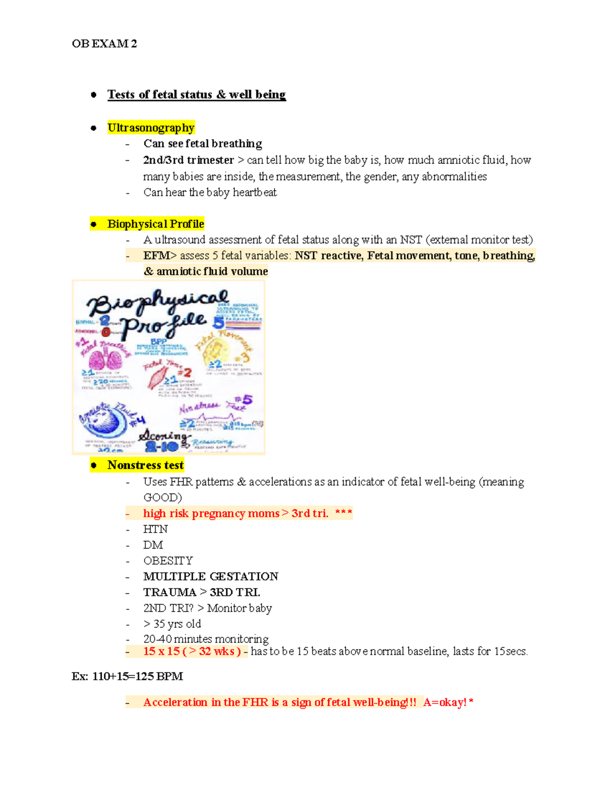 OB exam 2 - Exam 1 - OB EXAM 2 Tests of fetal status & well being ...
