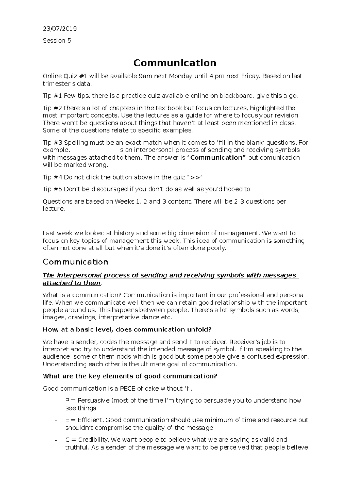 Session 5 Communication - Session 5 Communication Online Quiz #1 will ...
