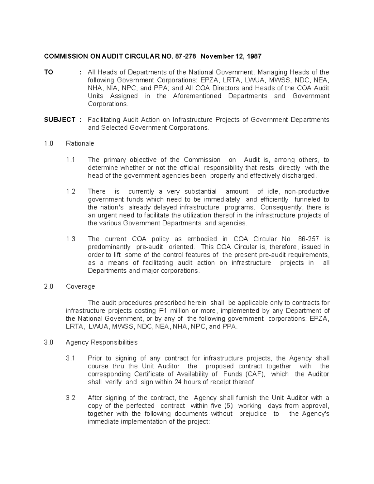 COA Circular 87-278 - Audit of Infa Projects - COMMISSION ON AUDIT ...