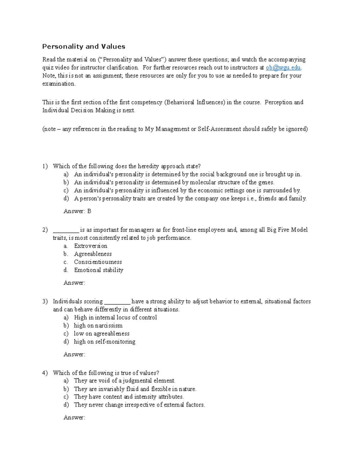 Pesonality and values multiple choice questions - Personality and ...