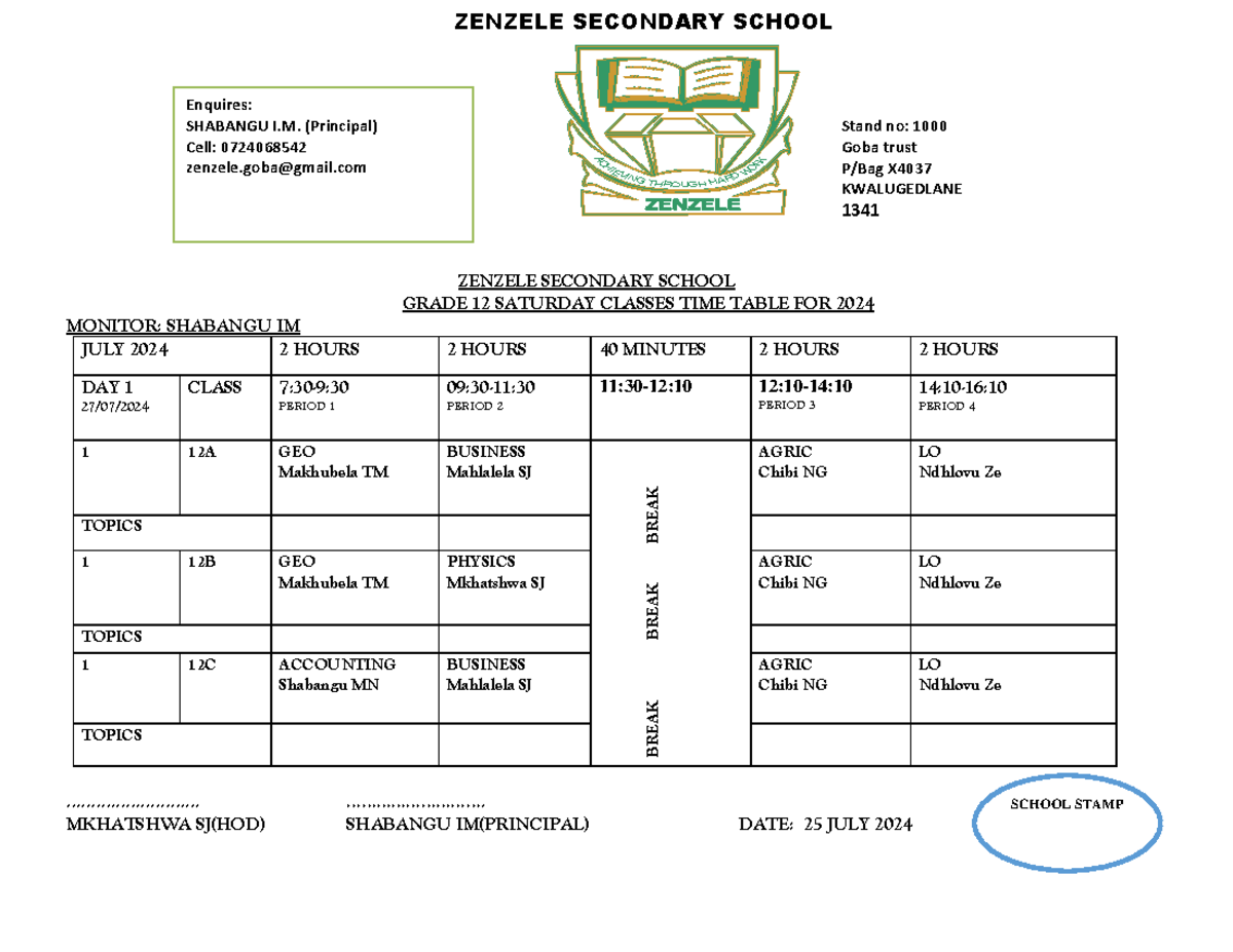 TIME Table FOR SAT Classess TERM 27 JULY 2024-1 - ZENZELE SECONDARY ...